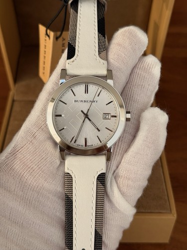 Burberry BU9019 The City White Sunray Dial White Leather Strap Unisex ...