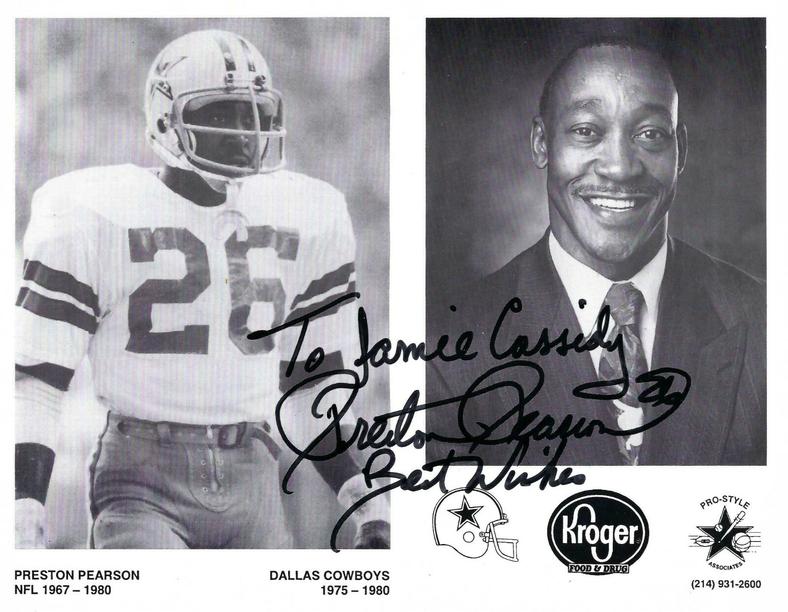 PRESTON PEARSON Personally Signed AUTOGRAPH DALLAS COWBOYS 8 1/2" X 11 ...