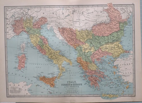 1871 Carte Italie Turquie en Europe Grèce Sardaigne Sicile Rumili ...