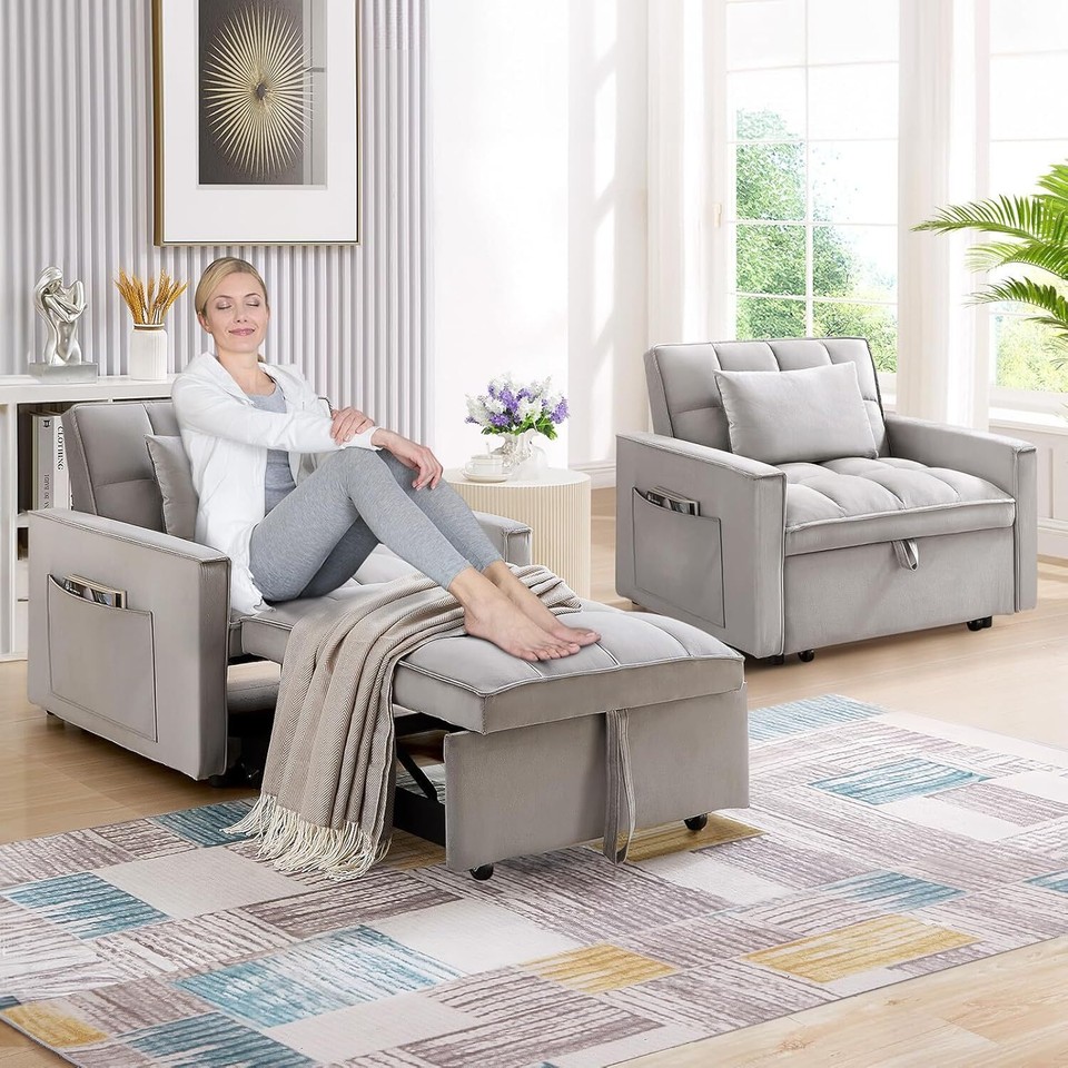 3 in 1 Convertible Single Sleeper Chair Bed Modern Velvet Pull Out Sofa ...