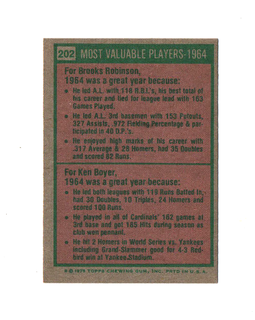 1975 Topps MVPs card #202 * BROOKS ROBINSON & KEN BOYER * free shipping ...