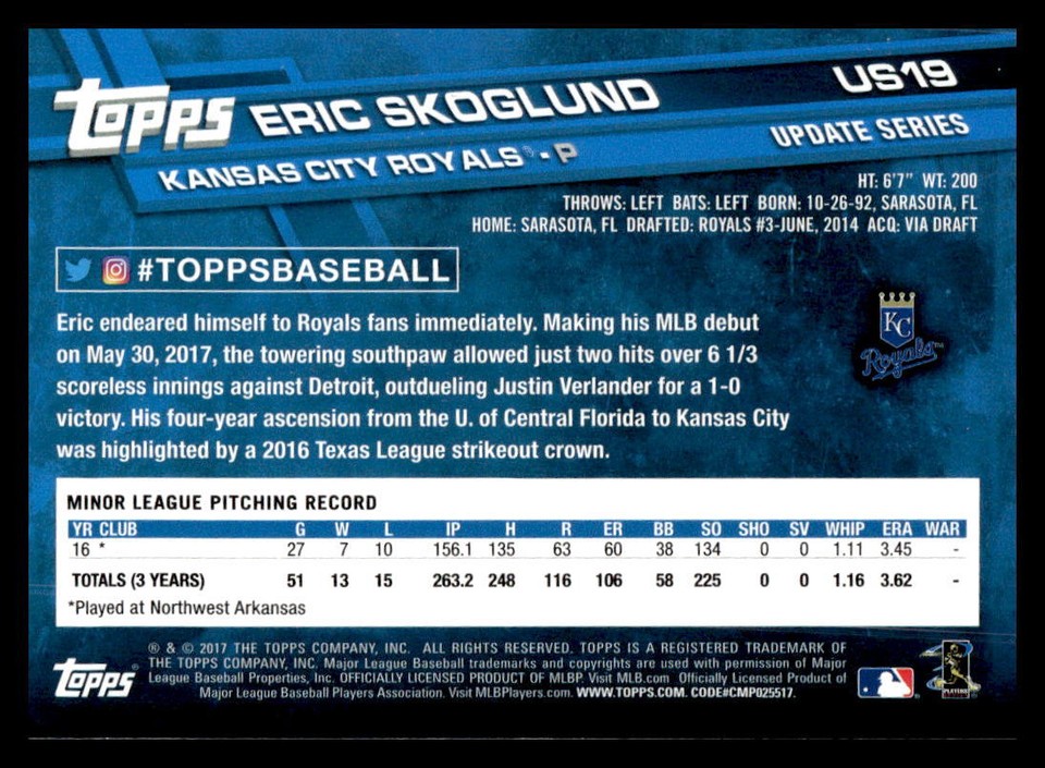 2017 Topps Update Eric Skoglund #US19 Kansas City Royals RC Baseball ...