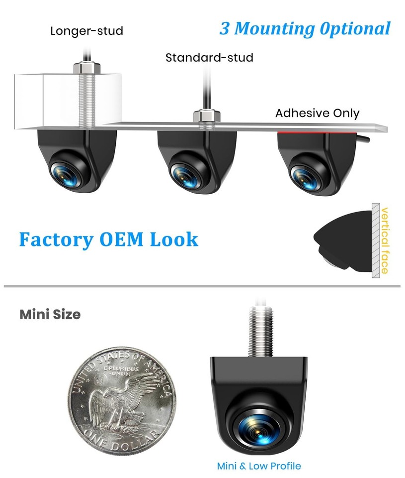 180° Front/Backup Camera, OEM Mini Style, Screw-Free Easy Install, Side ...