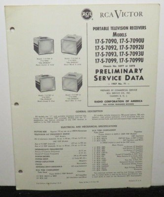 RCA VICTOR TELEVISION SERVICE DATA 1957 T1 PRE 17-S-7090 7092 5377 5378 ...