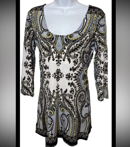 EVA VARRO Tunic Blouse Top White Brown Blue Scoop Geometric Knit ...