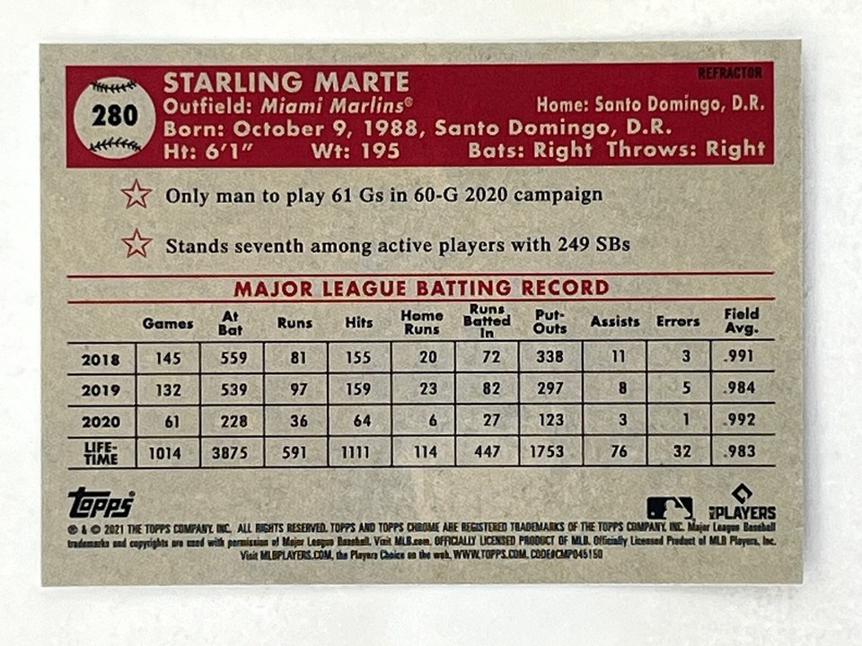 Starling Marte 2021 Topps Chrome Platinum Anniversary Refractor #280 ...