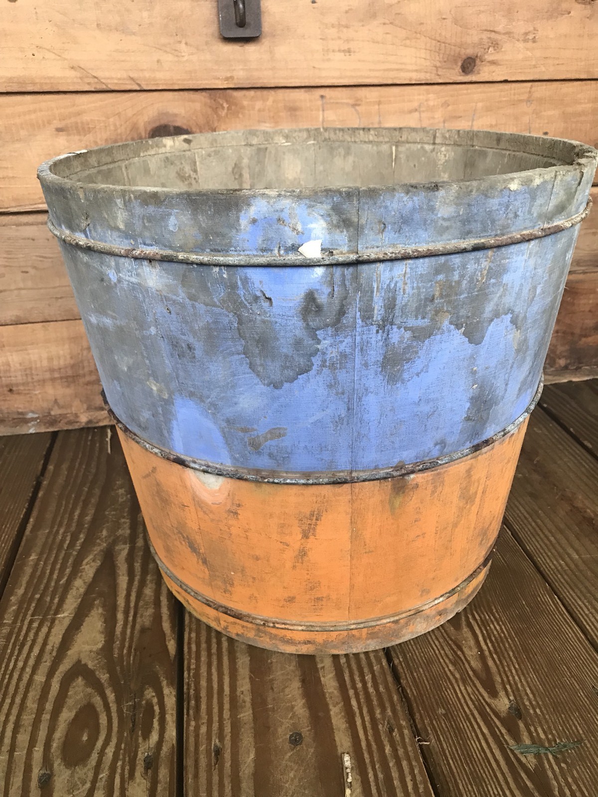 Antique Wash Bucket Soap Bucket Wood Orange & Blue Unique Country ...