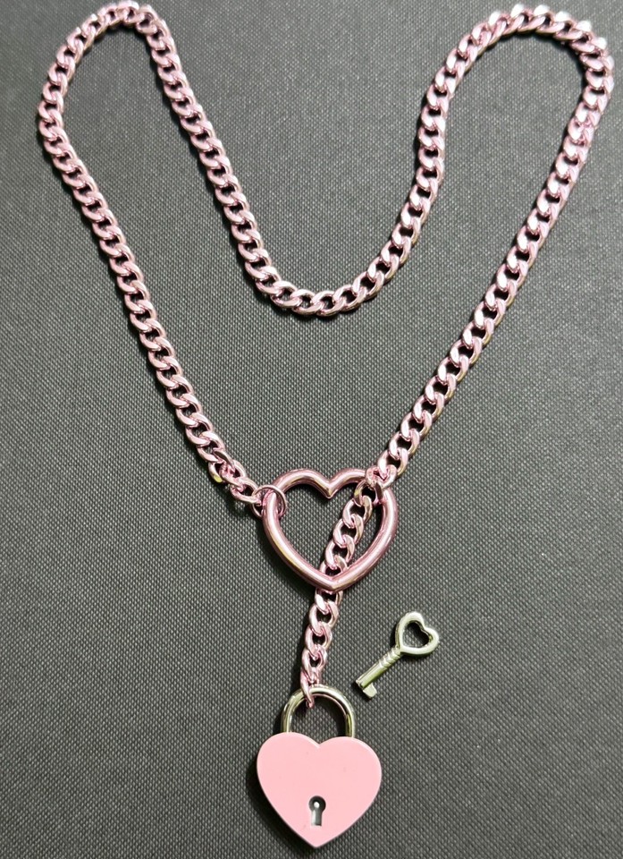 Pastel Pink Heart Padlock Key Slip Chain Choker Necklace Kink Roleplay ...
