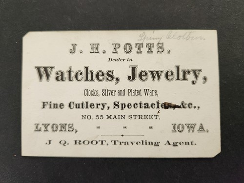 antique J H POTTS lyons io BUSINESS CARD watches jewelry clock silver ...