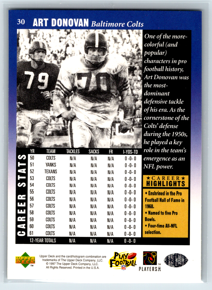 Art Donovan 1997 Upper Deck Legends #30 Baltimore Colts | eBay