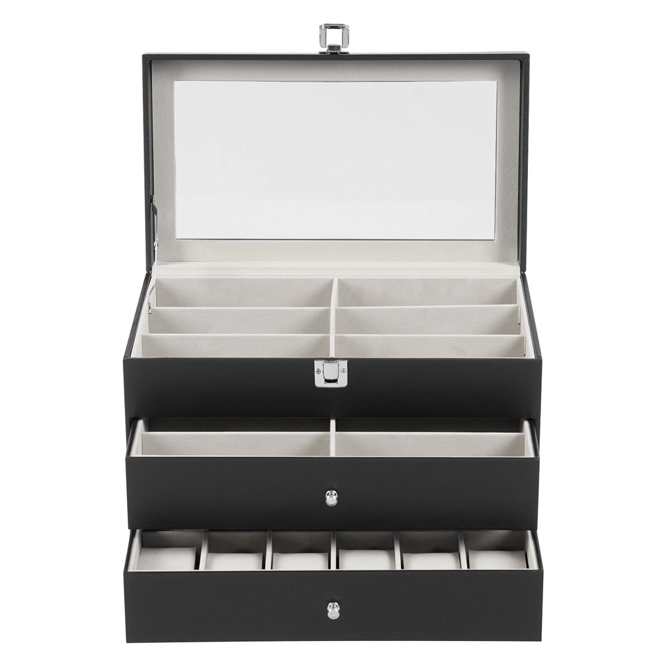 24 Slots Watch Box Leather Display Case Organizer Glass Jewelry Storage ...