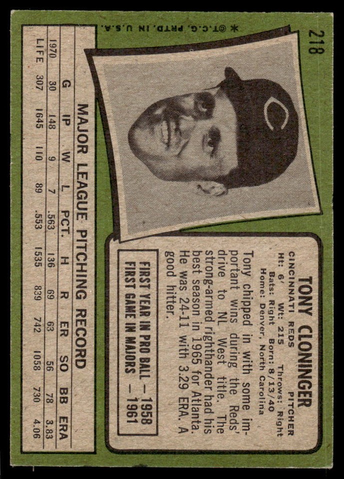 1971 Topps Tony Cloninger #218 Cincinnati Reds Baseball Card | eBay