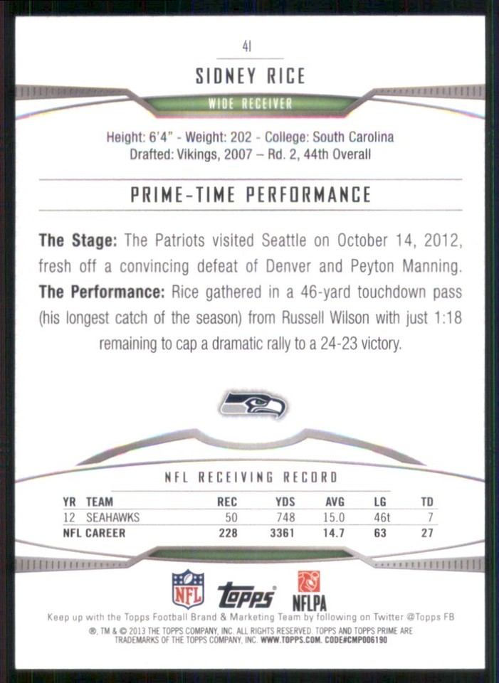2013 Topps Prime #41 Sidney Rice Seattle Seahawks 36069 | eBay