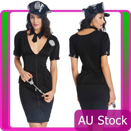 Womens Ladies Police Woman Black Cop Uniform Party Fancy Dress Costume ...