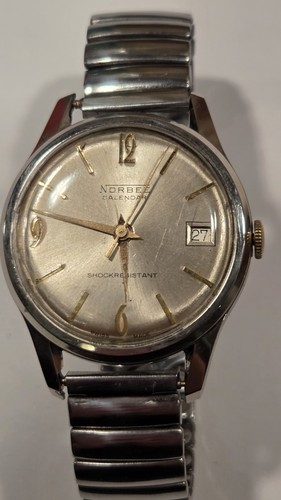 Vintage Mid-century Norbee Mechanical Mens Silver Toned Watch Winds And ...
