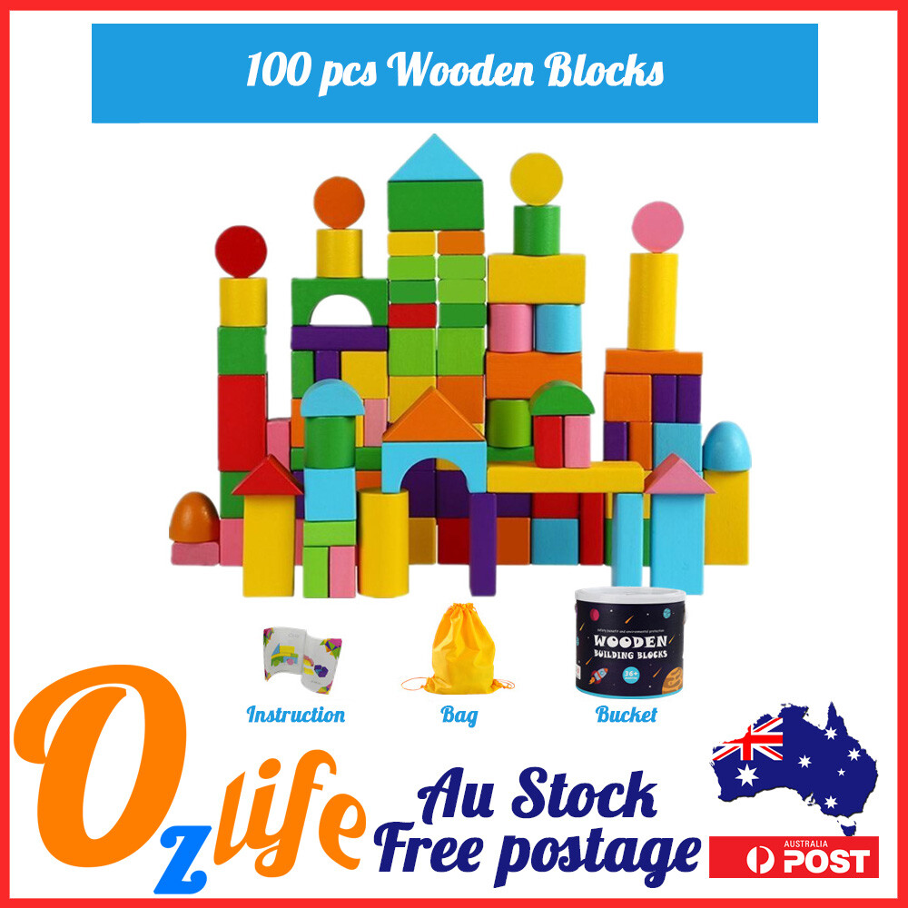 100pcs Early Learning Wooden Blocks Building Block Wood Toy Educational ...