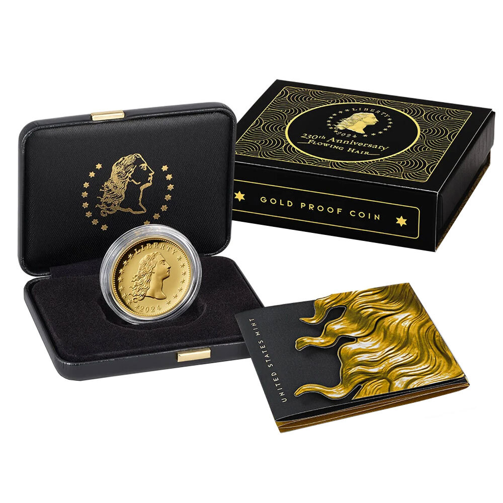 2024 $1 1-oz 230th Anniv Flowing Hair High Relief Gold Coin Box, OGP ...