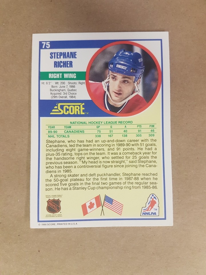 Stephane Richer Autograph Card Signed Hockey 1990 Score 75 | eBay
