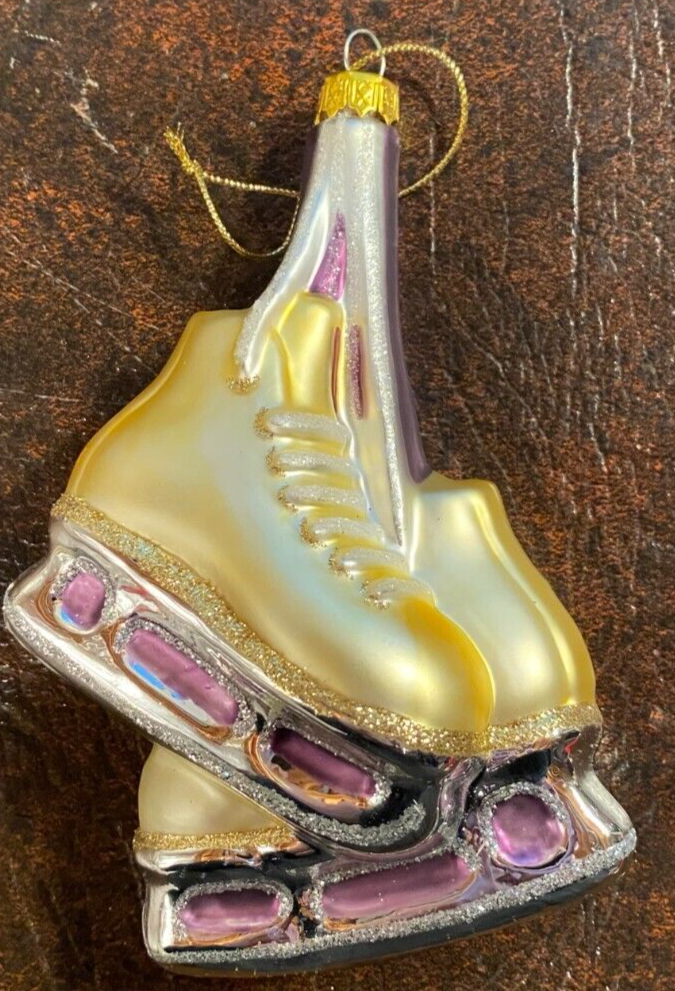 6” Pair of Gold Ice Skates Blown Glass Christmas Ornament Ice Skating ...