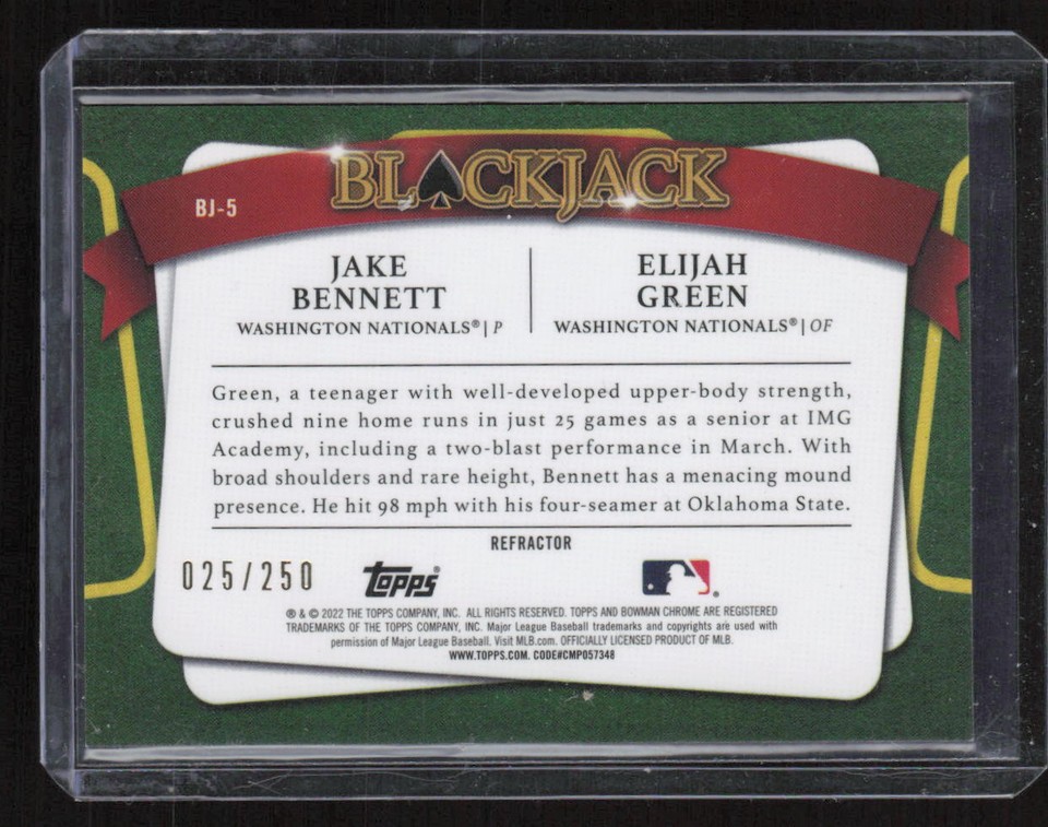 2022 Bowman Draft #BJ-5 Elijah Green / Jake Bennett Blackjack Refractor ...