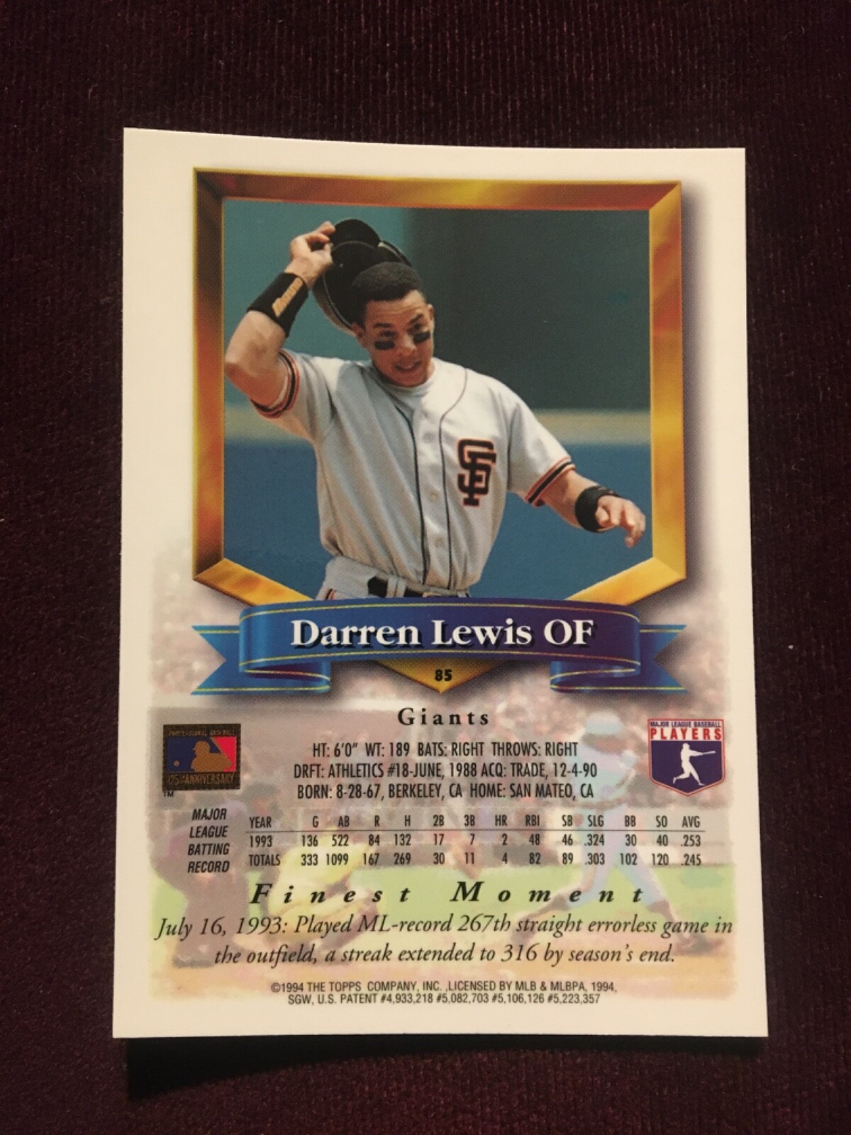 1994 Topps Finest #85 Giants Darren Lewis Baseball Card | eBay