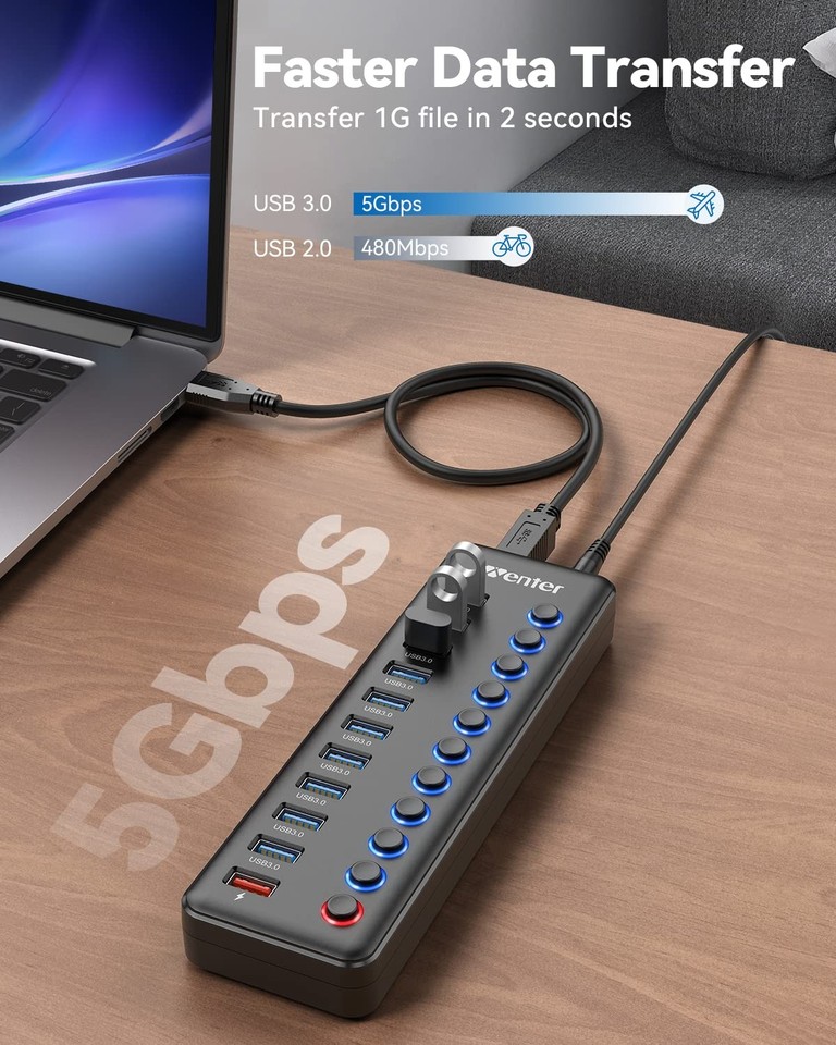 Powered USB Hub, Wenter 11-Port USB Splitter Hub 10 Faster Data ...