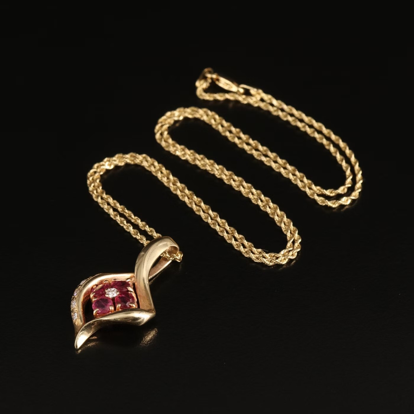 14K Gold Ruby and Diamond Sliding Pendant On Rope Cha… - Gem