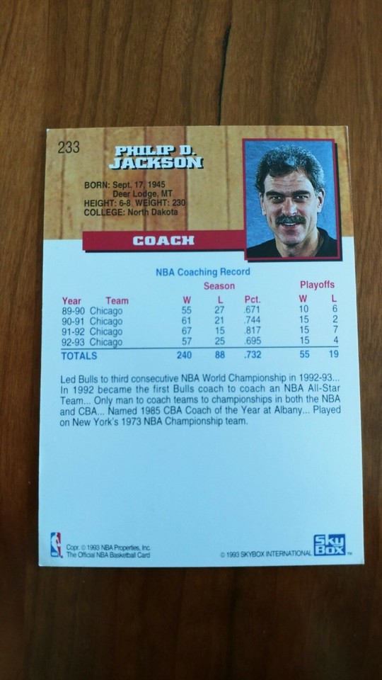 1993 SKYBOX #233 PHILIP D. JACKSON, COACH | eBay