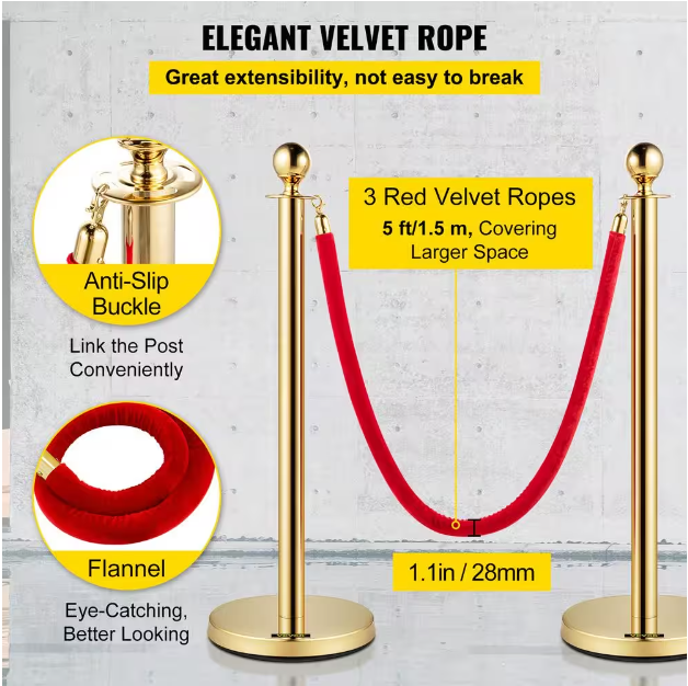 Ropes and Posts Red Velvet Stanchion with Ball Top Barrier Stainless ...