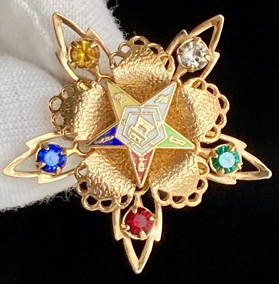 Vintage Order of Eastern Star Pin Gold Tone Rhinestone Enamel Multi ...