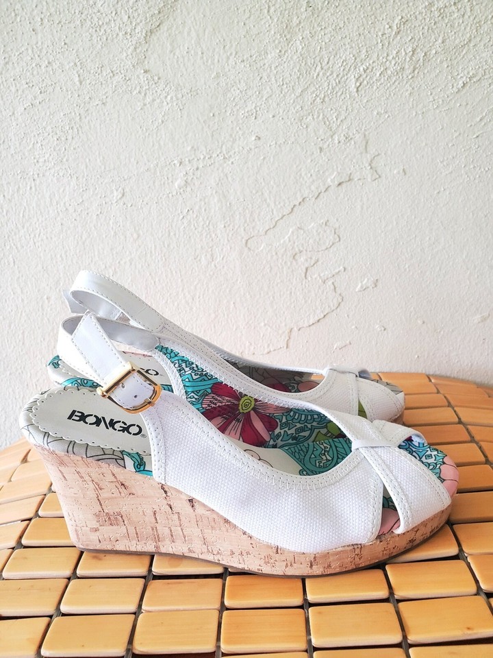 **BONGO** White Platform Cork Wedge White/floral Trim Sandal. Size 8 | eBay