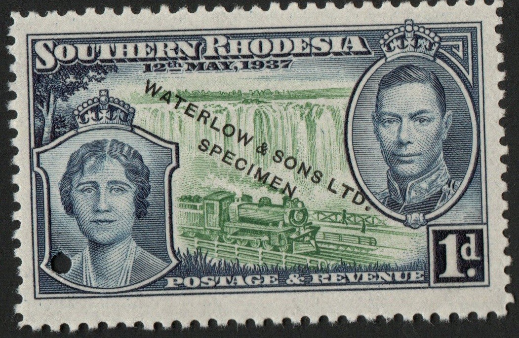 1937 SOUTHERN RHODESIA CORONATION 1d Green/Blue - Waterlow SPECIMEN ...