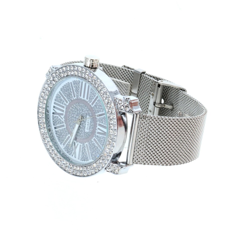 Hip Hop Iced Silver Finish Fashion Metal Mesh Band Bling Watch | eBay
