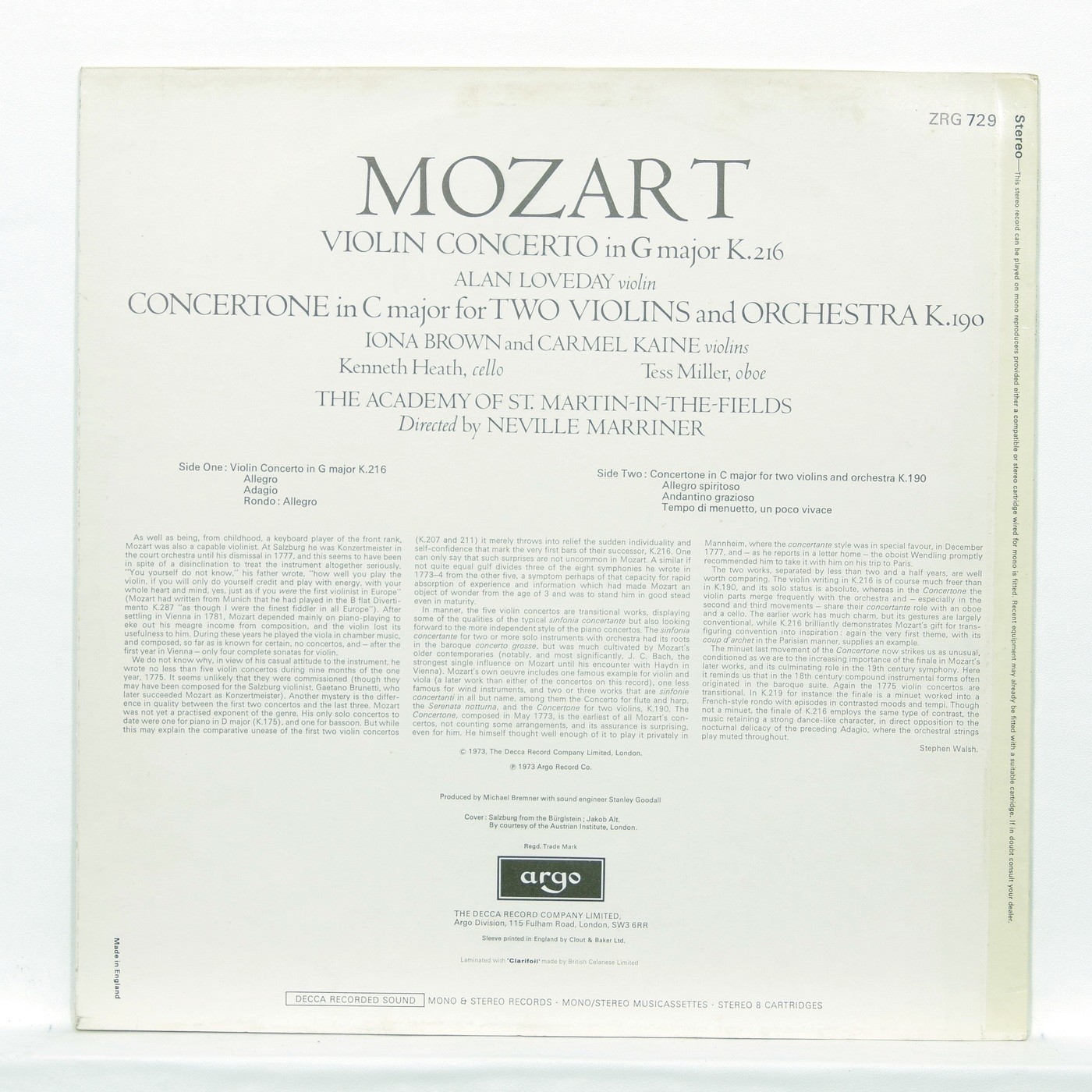 ALAN LOVEDAY, MARRINER - MOZART violin concerto, concertone ARGO LP NM ...