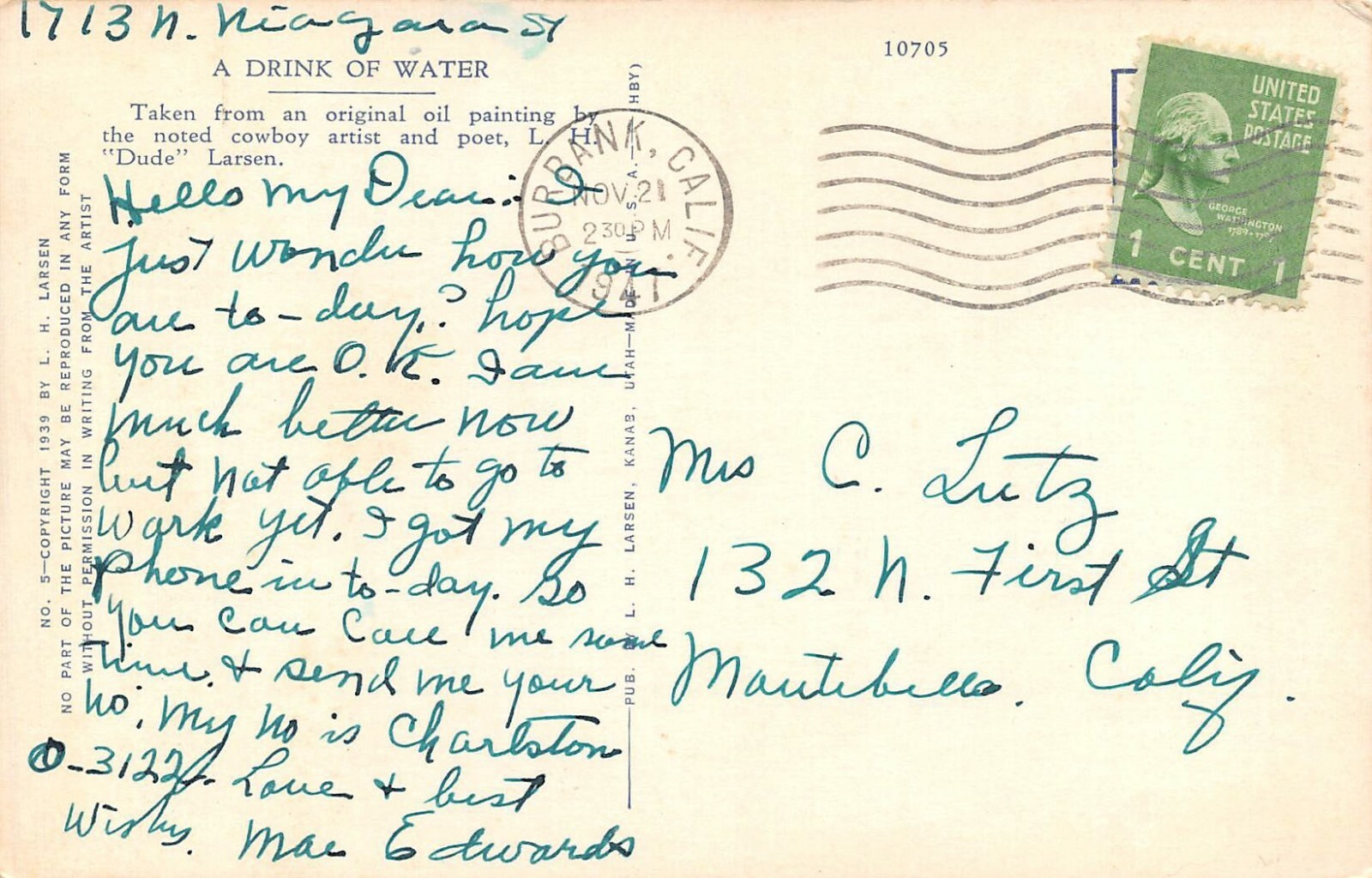 "A Drink Of Water " Western Cowboy Art L.H Dude Larsen Vtg 1947 ...