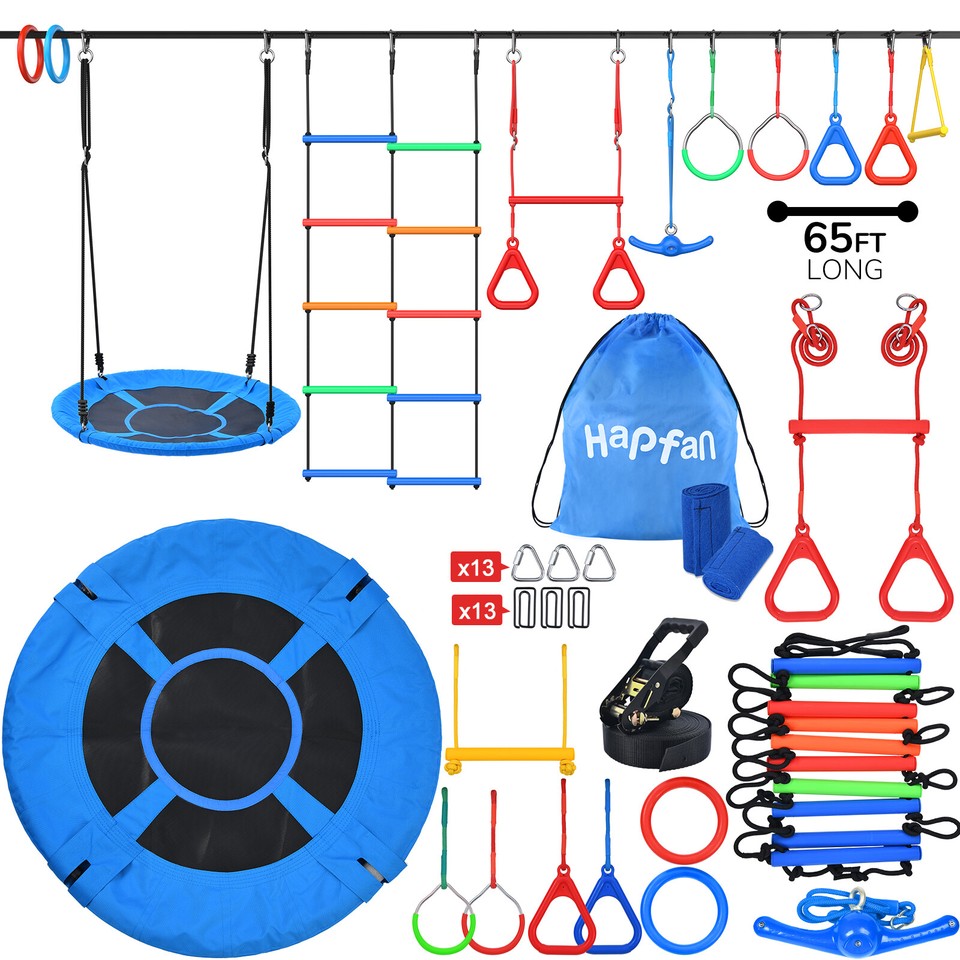 Hapfan 65 FT Ninja Warrior Obstacle Course for Kids with Swing and 11 ...