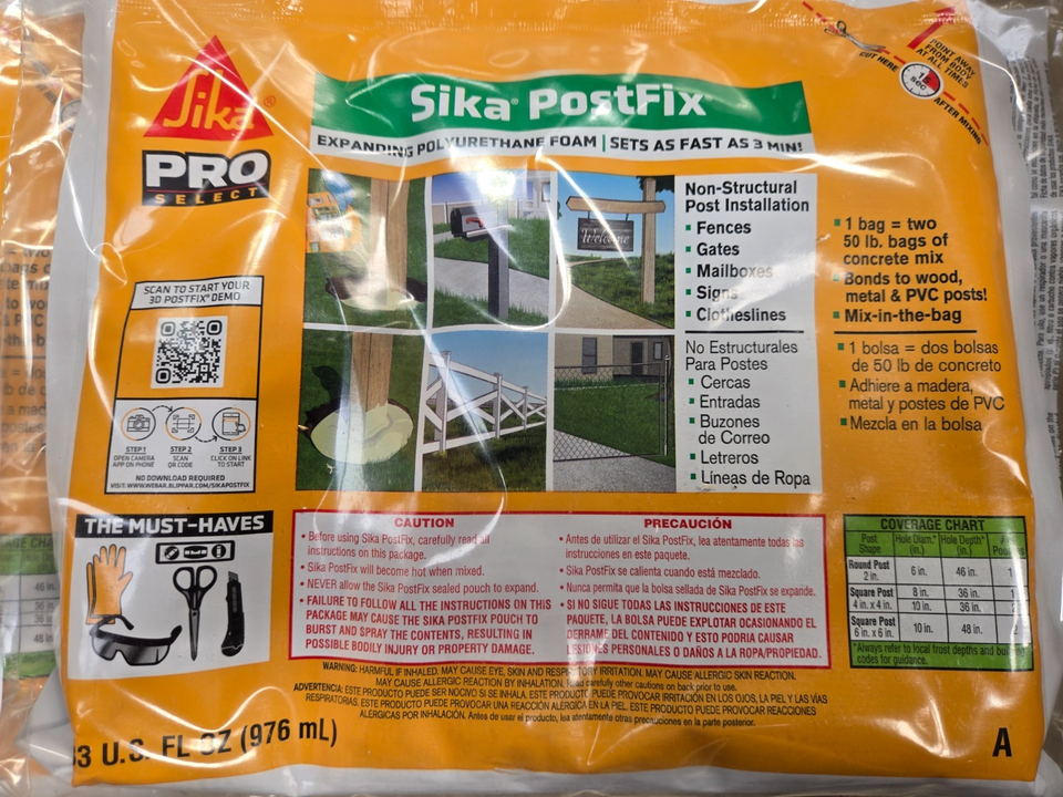 Lot of 4 Sika Postfix Fence Post Mix, Mix-in-The-Bag Expanding Foam ...