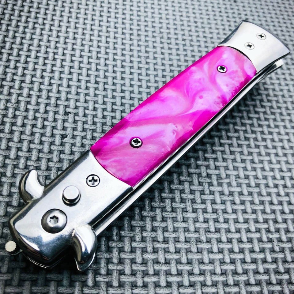 Automatic Push Button Folding Comb Switchblade Knife Looking Brush Pink ...