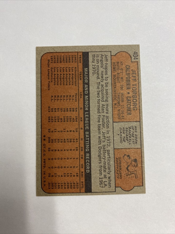 1972 Topps Baseball Jeff Torborg California Angels Card #404 | eBay