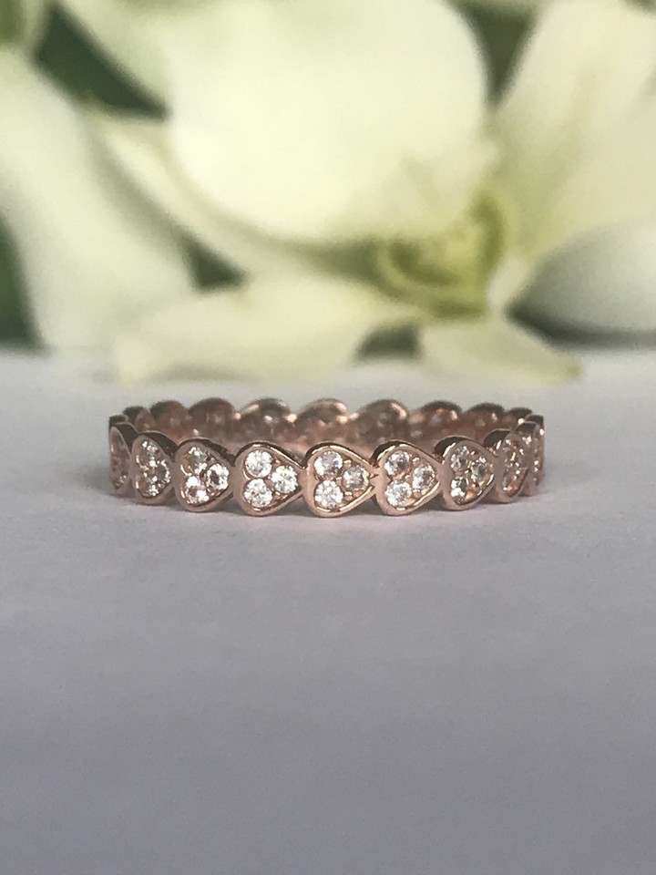 14k Solid Gold Heart Eternity Stackable Band Endless Ring Valentine Lab ...