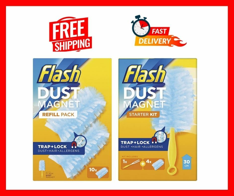 Flash Dust Magnet Duster Starter Kit 1 Handle + 14 Refills Trap & Lock ...