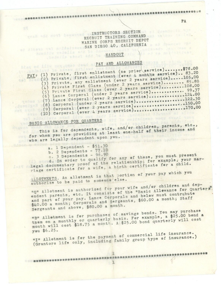 VTG USMC Marines RTC Bootcamp Handout San Diego CA 1 Sheet Double Sided ...