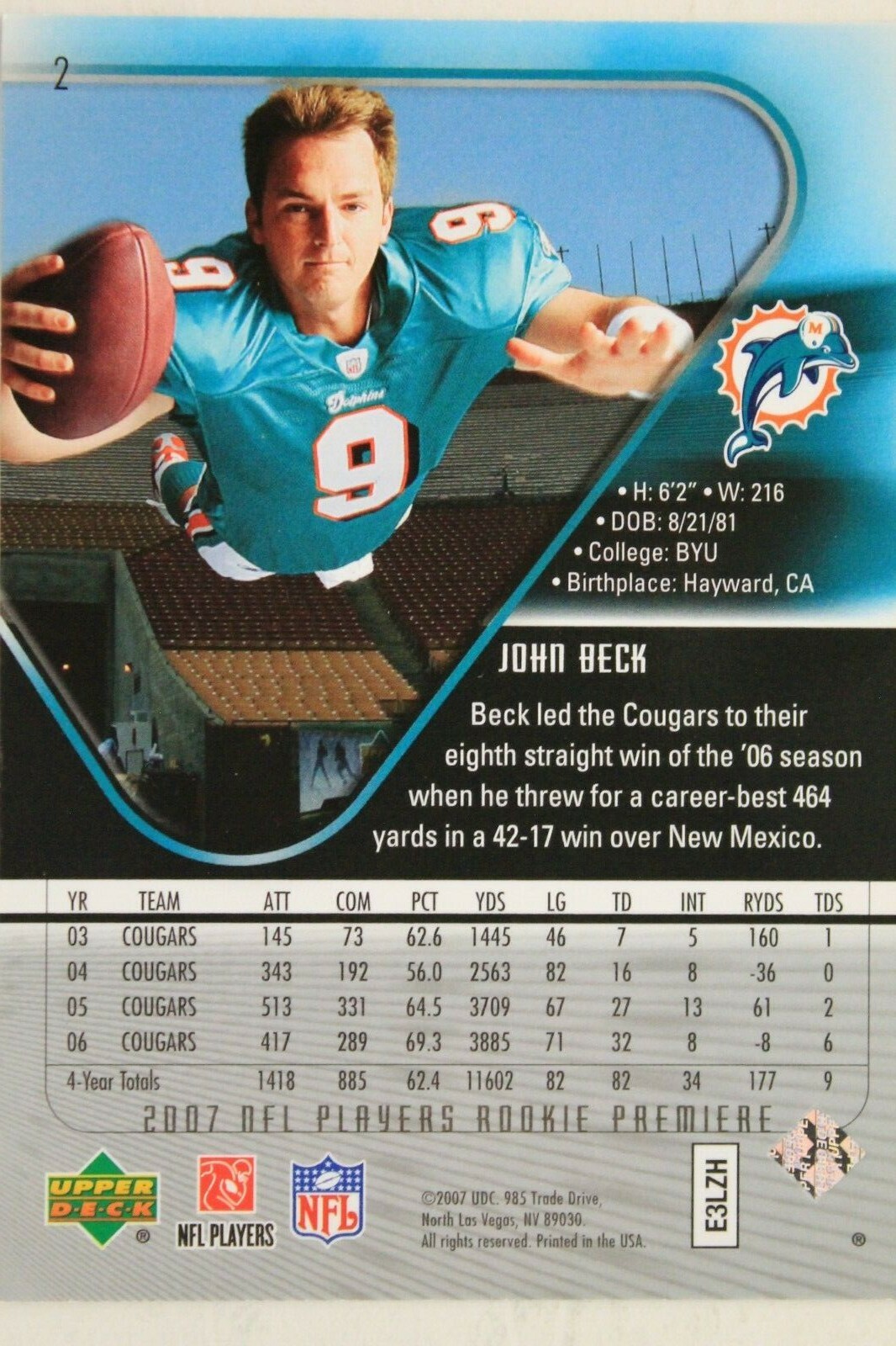 John Beck Miami Dolphins Autographed 2007 Upper Deck Signed Rookie Card ...