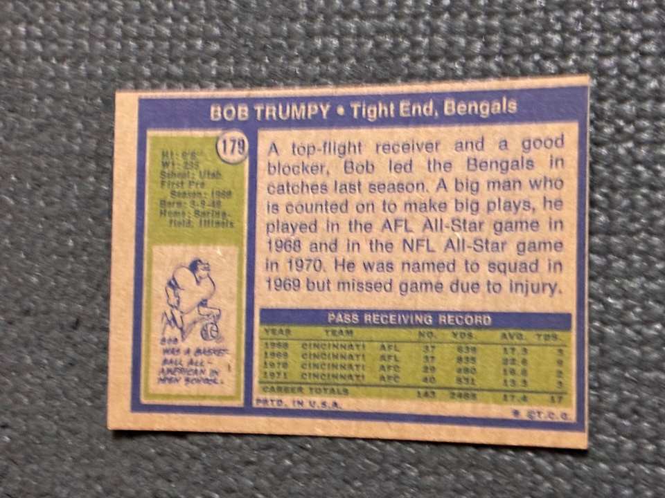 1972 Topps Football Cincinnati Bengals Bob Trumpy #179 - No Creases ...