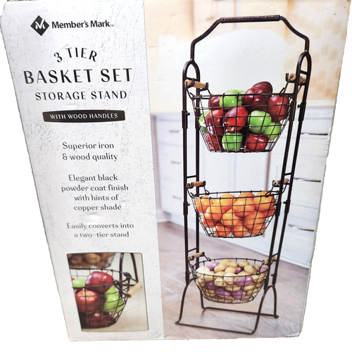 3-Tier Basket Set Storage Stand Wood Handles Black Wire Members Mark ...