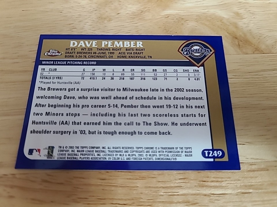 2003 Topps Chrome Dave Pember Milwaukee Brewers #T249 Rookie $$$ | eBay