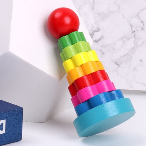 Building Toy Stacking Ring Blocks Wooden Rainbow Tower For Toddler Kids ...
