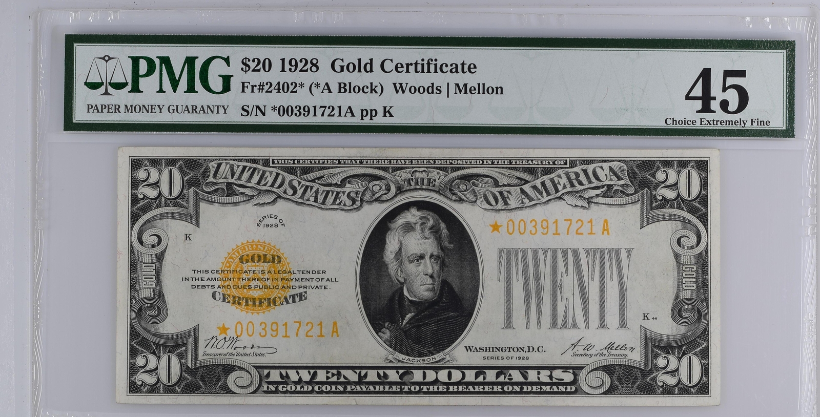1928 $20 Small Size Gold Certificate Star Replacement Note 2402* PMG 45 ...