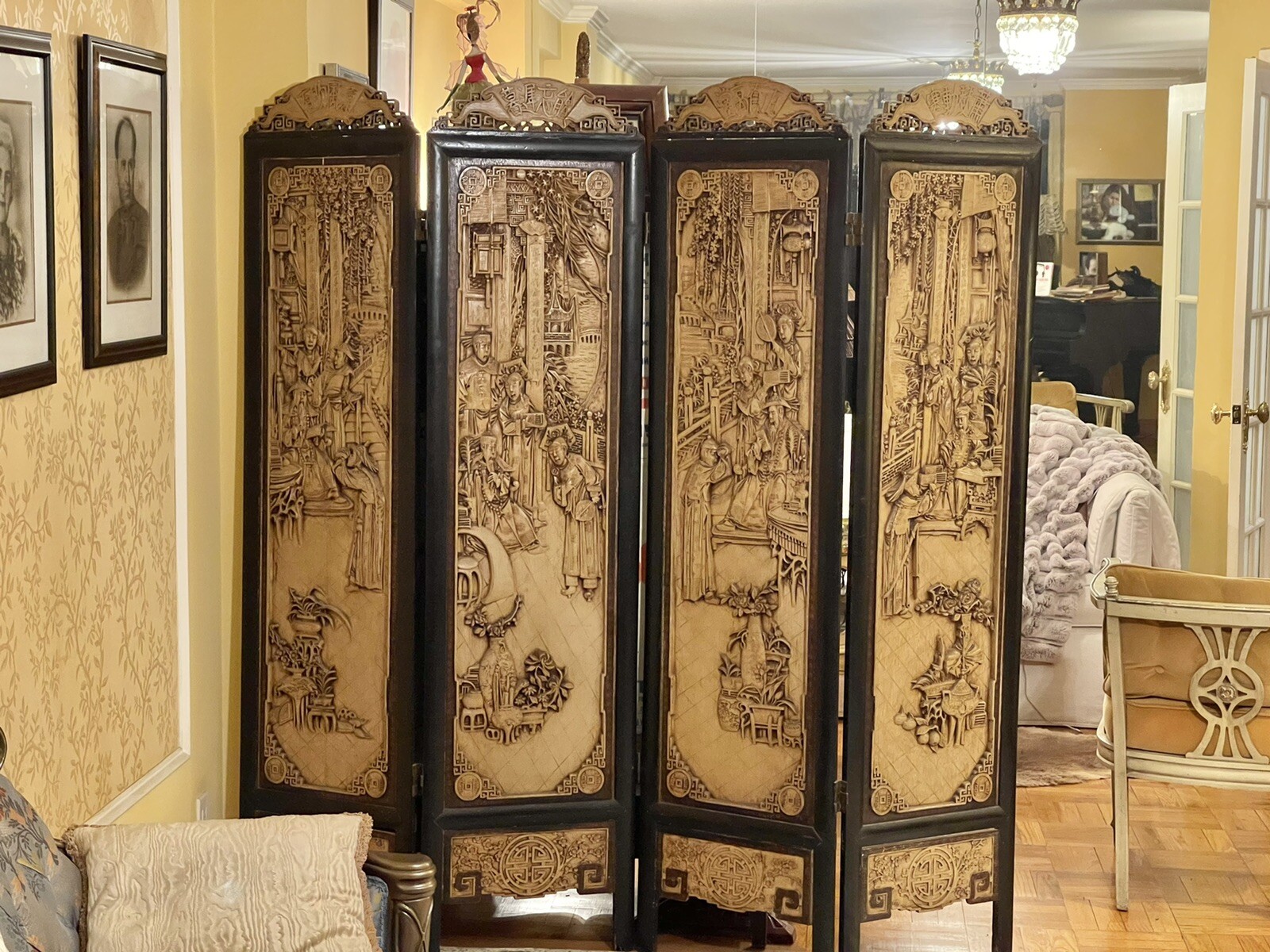 Antique LARGE Hand-Carved Wood 4 Panel Chinese Dressing Screen | eBay