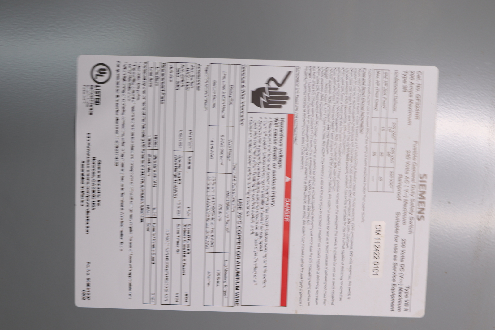 Siemens 4 Wire Fused General Duty Outdoor Rated 3 Pole 240V 200 Amp ...